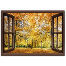Wandbild Artland "Fensterblick - Herbstwald Panorama" Bilder Gr. B/H: 100 cm x 70 cm, Leinwandbild Fensterblick Querformat, 1 St., braun Kunstdrucke