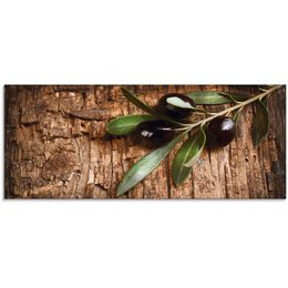 Glasbild Artland "Oliven vor einem Holzhintergrund" Bilder Gr. B/H: 125 cm x 50 cm, Speisen, 1 St., braun Glasbilder