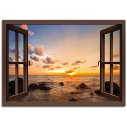 Wandbild Artland "Fensterblick Sonnenuntergang am Meer" Bilder Gr. B/H: 100 cm x 70 cm, Leinwandbild Fensterblick, 1 St., braun Kunstdrucke