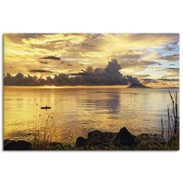 Leinwandbild Artland "Sonnenuntergang mit einem Boot" Bilder Gr. B/H: 90 cm x 60 cm, Sonnenaufgang & -untergang Querformat, 1 St., orange Leinwandbilder