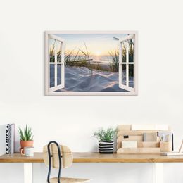Wandbild Artland "Ostseestrand durchs Fenster" Bilder Gr. B/H: 100 cm x 70 cm, Leinwandbild Meer Bilder Querformat, 1 St., beige (naturfarben) Kunstdrucke