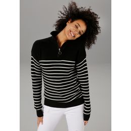 Troyer Aniston CASUAL Gr. 32/34, schwarz-weiß (schwarz, wollweiß) Damen Pullover Feinstrickpullover