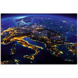 Wandbild Artland "Südliches Europa vom Weltraum" Bilder Gr. B/H: 90 cm x 60 cm, Leinwandbild Weltall & Kosmos Querformat, 1 St., gelb Kunstdrucke