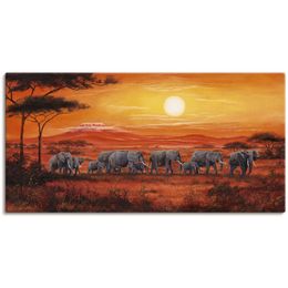 Wandbild Artland "Elefantenherde" Bilder Gr. B/H: 150 cm x 75 cm, Leinwandbild Wildtiere, 1 St., orange Kunstdrucke