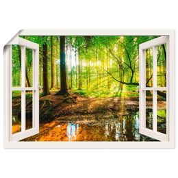 Wandbild Artland "Fensterblick - Wald mit Bach" Bilder Gr. B/H: 130 cm x 90 cm, Leinwandbild Wald Querformat, 1 St., weiß Kunstdrucke