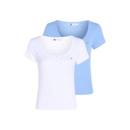 T-Shirt Tommy Jeans "TJW 2PACK HENLEY SS RIB TEE" Gr. L (40), blau (white, blue) Damen Shirts Jersey