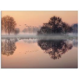 Glasbild Artland "Früh morgens am See...." Bilder Gr. B/H: 80 cm x 60 cm, Glasbild Gewässer Querformat, 1 St., orange Glasbilder