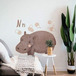 Wandtattoo Wall-Art "Nilpferd Hippo Buchstabe N" Wandtattoos Gr. B/H/T: 120 cm x 113 cm x 0,1 cm, bunt Wandtattoos Wandsticker