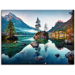 Wandbild Artland "Herbstszene des Hintersee vor Alpen" Bilder Gr. B/H: 120 cm x 90 cm, Leinwandbild Seebilder Querformat, 1 St., blau Kunstdrucke