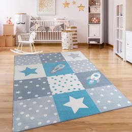 Kinderteppich Paco Home "Eliz 395" Teppiche Gr. B/L: 140 cm x 200 cm, 12 mm, 1 St., blau Kinder Kinderzimmerteppiche Kurzflor, Spielteppich, Patchwork-Muster, Motiv Rakete, Sterne, Punkte