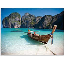 Glasbild Artland "Maya Bay, Koh Phi Leh, Thailand" Bilder Gr. B/H: 80 cm x 60 cm, Boote & Schiffe, 1 St., blau Glasbilder