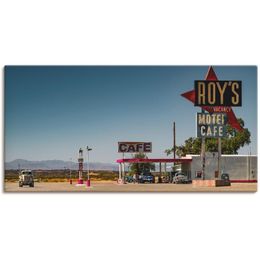 Wandbild Artland "Roy`s Tankstelle an der Route 66" Bilder Gr. B/H: 100 cm x 50 cm, Leinwandbild Gebäude, 1 St., blau Kunstdrucke