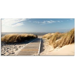 Glasbild Artland "Nordseestrand auf Langeoog - Steg" Bilder Gr. B/H: 100 cm x 50 cm, Strand, 1 St., beige (naturfarben) Glasbilder
