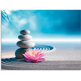 Glasbild Artland "Sand, Lilie und Spa-Steine in Zen-Garten" Bilder Gr. B/H: 80 cm x 60 cm, Zen, 1 St., blau Glasbilder