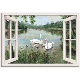 Wandbild Artland "Fensterblick - Schwäne" Bilder Gr. B/H: 100 cm x 70 cm, Leinwandbild Vögel, 1 St., weiß Kunstdrucke