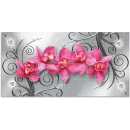 Wandbild Artland "rosa Orchideen auf Ornamenten" Bilder Gr. B/H: 150 cm x 75 cm, Alu-Dibond-Druck Blumenbilder Querformat, 1 St., pink Kunstdrucke