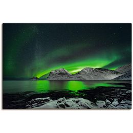 Leinwandbild Artland "Polarlicht über einer winterlichen Berg" Bilder Gr. B/H: 90 cm x 60 cm, Gewässer Querformat, 1 St., grün Leinwandbilder