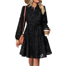 ZWY A-Linien-Kleid Dünnes Damenkleid aus reiner schwarzer Spitze mit langen Ärmeln (Kleider