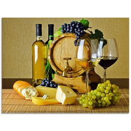 Glasbild Artland "Käse, Wein und Trauben" Bilder Gr. B/H: 80 cm x 60 cm, Glasbild Lebensmittel Querformat, 1 St., gelb Glasbilder