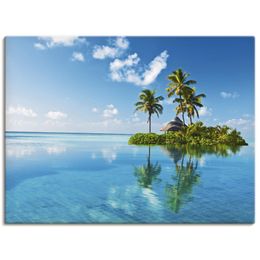 Wandbild Artland "Tropisches Paradies - Insel Palmen Meer" Bilder Gr. B/H: 120 cm x 90 cm, Leinwandbild Amerika Querformat, 1 St., blau Kunstdrucke