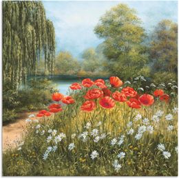 Wandbild Artland "Mohnwiese am See" Bilder Gr. B/H: 100 cm x 100 cm, Alu-Dibond-Druck Blumenwiese, 1 St., grün Kunstdrucke