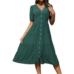 ZWY A-Linien-Kleid Einfarbiges Damen-Midikleid mit V-Ausschnitt und Knöpfen (Kleider