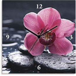 Wanduhr Artland "Stillleben mit Kiesel und einer Orchidee" Wanduhren Gr. B/H/T: 30 cm x 30 cm x 1,7 cm, Funkuhr, pink Wanduhren