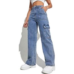 Opspring Straight-Jeans Cargohose Damen Baggy Y2K Multi Taschen High Waist Stretch Wanderhose