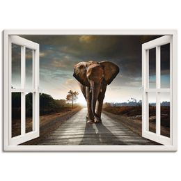 Wandbild Artland "Elefant auf Straße" Bilder Gr. B/H: 100 cm x 70 cm, Leinwandbild Fensterblick Querformat, 1 St., braun Kunstdrucke