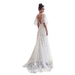 FIDDY Abendkleid Kleid mit tiefem V-Ausschnitt – Abendkleid aus Spitze –Brautkleid