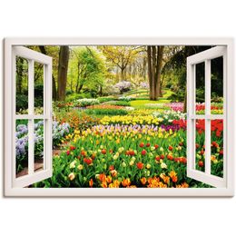 Wandbild Artland "Fensterblick Tulpen Garten Frühling" Bilder Gr. B/H: 100 cm x 70 cm, Leinwandbild Fensterblick Querformat, 1 St., bunt Kunstdrucke