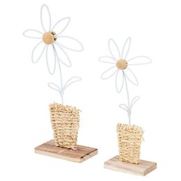 Levandeo® Dekoobjekt, 2er Set Blume Deko-Aufsteller Metall Holz Weiß Natur Stroh Deko Boho