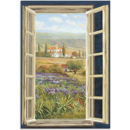 Wandbild Artland "Provence Fensterblick" Bilder Gr. B/H: 70 cm x 100 cm, Alu-Dibond-Druck Bilder von Europa Hochformat, 1 St., grün Kunstdrucke