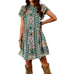 ZWY A-Linien-Kleid Bedrucktes Damenkleid mit kurzen Ärmeln und Rundhalsausschnitt