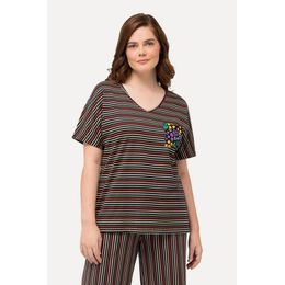 Ulla Popken Pyjama Schlafanzug-Shirt Streifen V-Ausschnitt Halbarm