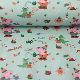 larissastoffe Stoff Lizenzstoff Peppa Wutz Baumwollstoff Webware hellgrün, Meterware, 50 cm x 140 cm