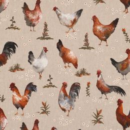 OTTO Stoff Dekostoff Halbpanama Leinenlook Chicken Farm Hühner natur braun 1,40m, beige|braun