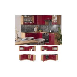 VICCO Eckk&uuml;che K&uuml;chenzeile Einbauk&uuml;che Fame-Line Eiche Bordeaux Rot 190 cm modern Schubunterschrank Sp&uuml;lenunterschrank Eckunterschrank Herdumbauschrank H&auml;ngeglasschrank H&auml;ngeschrank Hochglanz