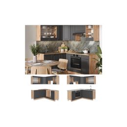 VICCO Eckk&uuml;che K&uuml;chenzeile Einbauk&uuml;che Fame-Line Landhaus Eiche Anthrazit Gold 190 cm Schubunterschrank Sp&uuml;lenunterschrank Eckunterschrank Herdumbauschrank H&auml;ngeglasschrank H&auml;ngeschrank