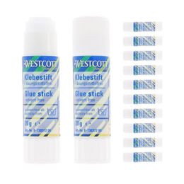 Westcott Klebestift 20g (12 Stück), Bastelkleber mit 2cm transparentem Klebestreifen, (Vorteilspack, 12-tlg), Klebt stark und dauerhaft