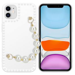 Cadorabo Handyhülle für Apple iPhone 11 Hülle Apple iPhone 11, Schutzhülle - mit Handgelenk Kette - TPU Silikon - Bumper, weiß, Weiß mit Perlen