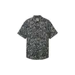 Tom Tailor Denim Herren Relaxed Kurzarmhemd mit Leinen, schwarz, Allover Print, Gr. XL