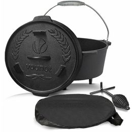 Bbq Dutch Oven Feuertopf Gusseisen 9 Liter, eingebrannter Kochtopf Schmortopf mit Füßen Deckel Deckelheber - VOUNOT