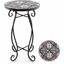 GOPLUS Mosaik Beistelltisch, Ø30cm runder Gartentisch mit Metallgestell, Blumenhocker Blumenregal mit Mosaikplatte, Retro Mosaiktisch für Balkon &