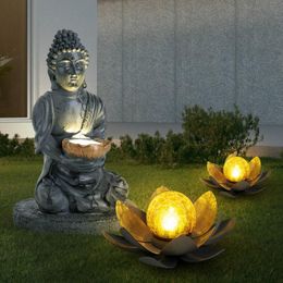 etc-shop 3er Set led Solar Steh Leuchten Feng Shui Buddha Garten Deko Lampen Lotosblumen Crackle Glas
