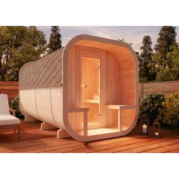 Fasssauna aus Holz ScandiCube Outdoor-Sauna mit Vorraum und Terrasse - Deluxe 204 x 400 cm - Thermoholz - Naturbelassen - FinnTherm