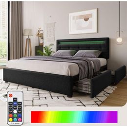 Polsterbett Betten mit Bettkästen Einzelbett 140x200cm mit LED-Beleuchtung und 4 Schubkästen Schwarz mit Matratze - Schwarz
