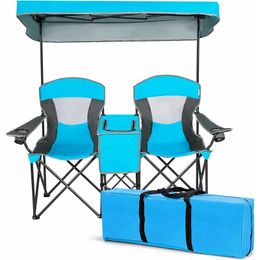 Goplus - Campingstuhl faltbar, Angelstuhl mit Sonnendach für 2 Personen, Klappstuhl mit Kühltasche, Getränkehalter & Tragetasche, Gartenstuhl bis