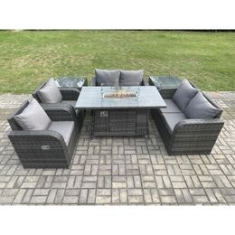 Fimous - 6-Sitzer Rattan Gartenmöbel Set Propan Gas Feuergrube Tisch und Sofa Stuhl set mit 2 Beistelltischen