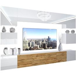 Belini - Wohnwand Vollausstattung Wohnzimmer-Set Moderne Schrankwand mit LED-Beleuchtung Anbauwand TV-Schrank Weiß Top/Eiche Wotan untene Seiten Weiß